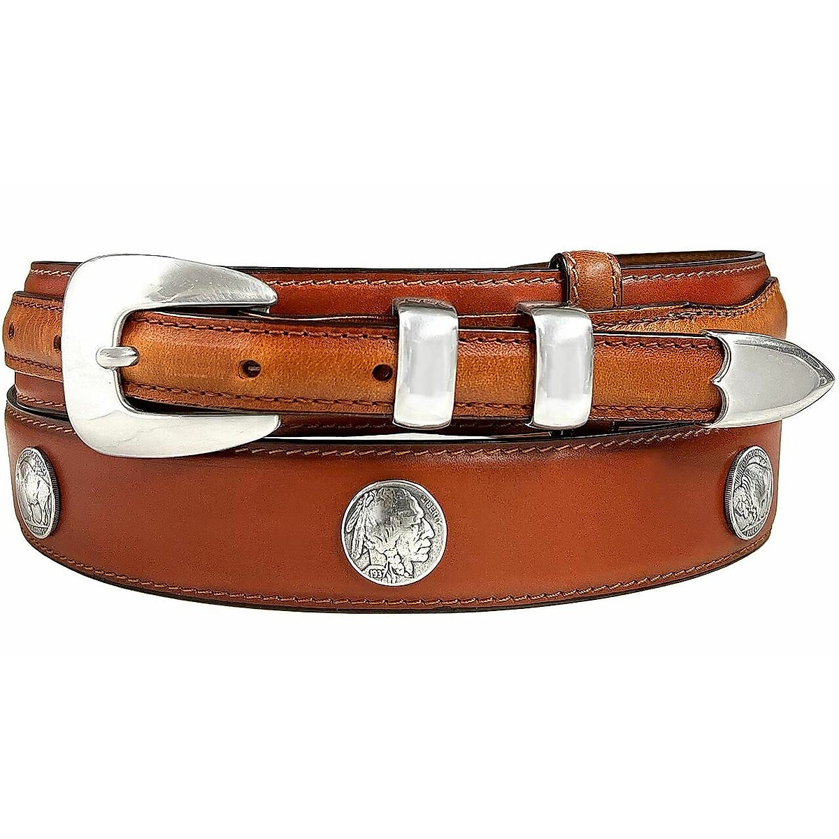 Antique Silver Buffalo& Indian Head Reproduction Coin Conchos Belt Oil Tanned Genuine Leather Western Ranger Belt (Tan, 34)