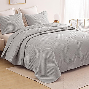 Whale Flotilla Queen Quilt Set, Soft Lightweight Quilts Bedspreads Coverlet with Embossed Pattern, Bedding Sets with 2 Pillow Shams, Reversible Bed Cover for All Seasons, 96x90 Inches, Light Grey