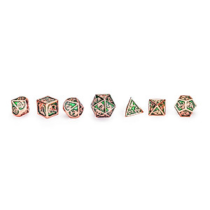 HYMGHO DND Dice Set Copper Dragon dice Enamel Green zamak with dice Box D&D Polyhedral Dice for Dungeons and Dragons dice Trpg 7 Pieces die Tabletop Games Board Gaming dice Vault