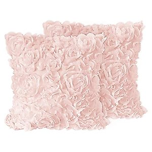 Sweet Jojo Designs Pink Floral Rose Decorative Accent Throw Pillows - Set of 2 - Solid Light Blush Flower Luxurious Elegant Princess Vintage Boho Shabby Chic Luxury Glam High End Ruffle Roses