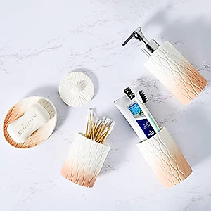 RZCNC Bathroom Accessories Set,Hand-Carved Lines Ceramic Bathroom Set. 4 Piece Boho Bathroom Decor.New Apartment Essentials. Modern Toothbrush Holder and Soap Dispenser. Premium Orange
