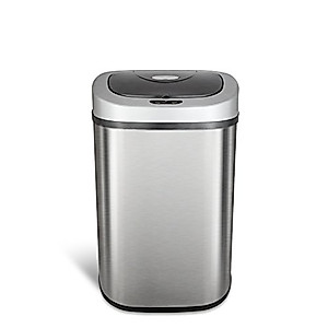 NINESTARS Automatic Touchless Infrared Motion Sensor Trash Can with Stainless Steel Base & Oval, Silver/Black Lid, 21 Gal