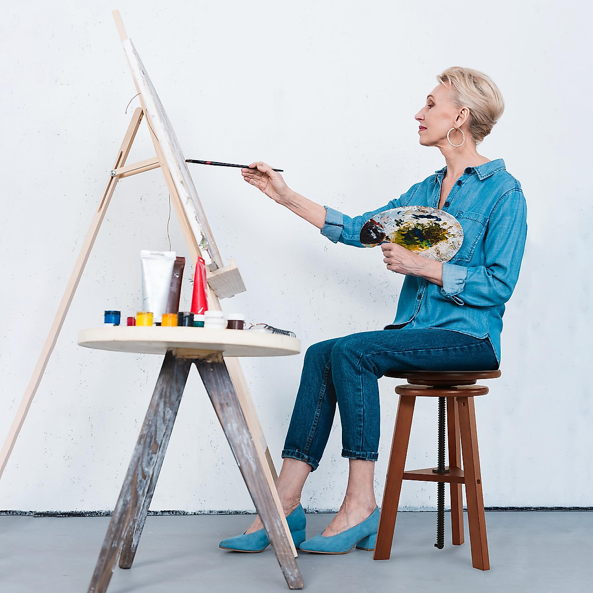 VISWIN 19"-26" H Wooden Adjustable Height Stool, Beech Wood Artist Stool for Drafting Table, Painting Stool for Artists, Adults, Wood Chair for Bar, Kitchen, Home Use, Office, Studio