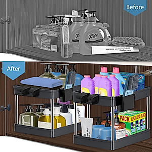 WAYLHECT 2 Tier Under Sink Organizer,Under Bathroom Sink Organizer,Under Kitchen,Bathroom Cabinet Organizers and Storage, 2 Pack Under Bathroom Sink Organizers Basket，with Hooks，Hanging Cups