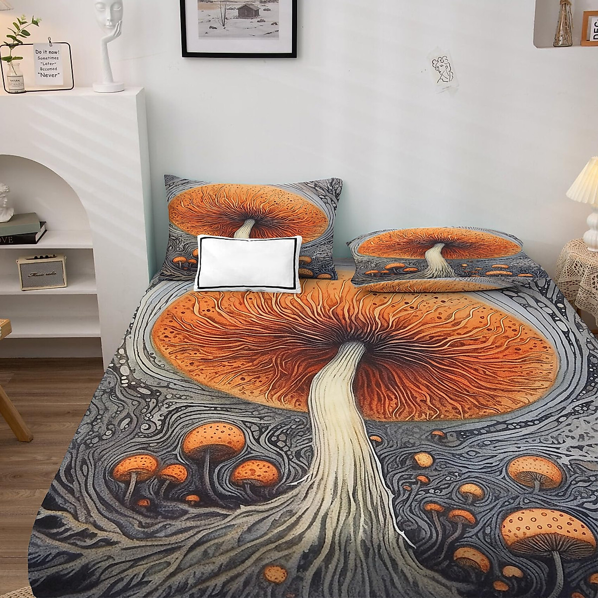 Mushroom Sheets Full Size, Fungi Fantasy Bed Sheets, Patterned Bedding Sheets & Pillowcases 4 Piece Set - Soft Microfiber Deep Pocket Fitted Sheet & Flat Sheet & 2 Pillow Cases K0-&-18