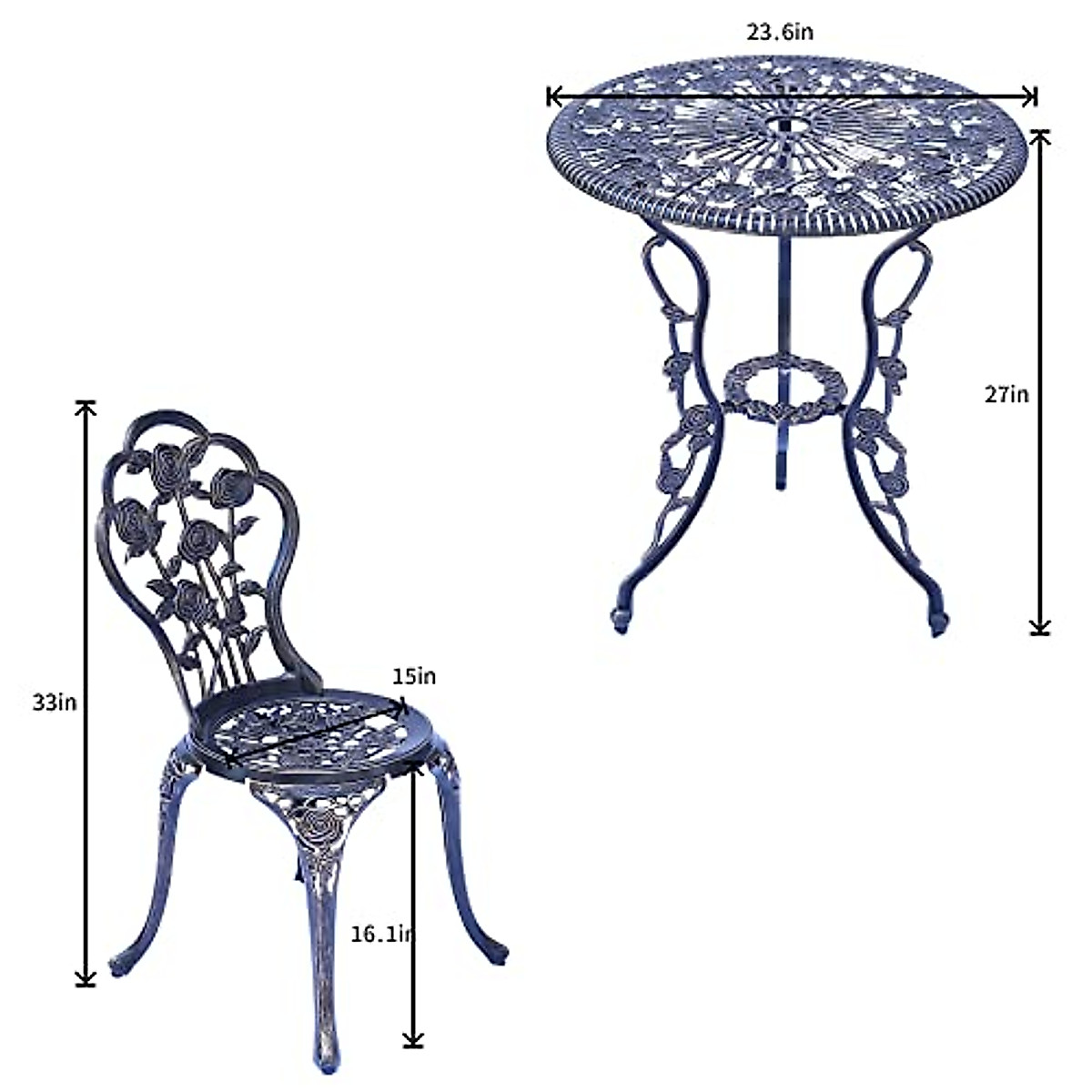 KAI LI 4-Piece Balcony Tables and Chairs, 1 Table, 2 Round Chairs and 1 Bench, Metal cast Aluminum, Bistro Suit, Garden Bench, Rose Pattern (Bronzed)
