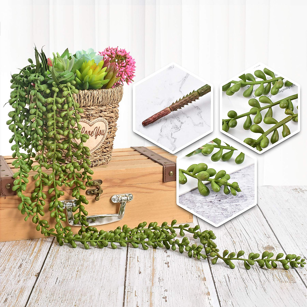 HUIANER Artificial Succulent Plants, 13.4" and 28.7" Fake Hanging String of Pearls Simulation Greenery Plants for Wall Home Kitchen Office Garden Wedding Decor, Pack of 2