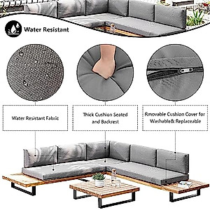 Homedot Patio Sofa Set with Metal Frame, Extra Large L Shaped Outdoor Sectional Sofa Set with Built-in Side Table, Modern Patio Conversation Set with Coffee Table&Removable Cushion for Garden