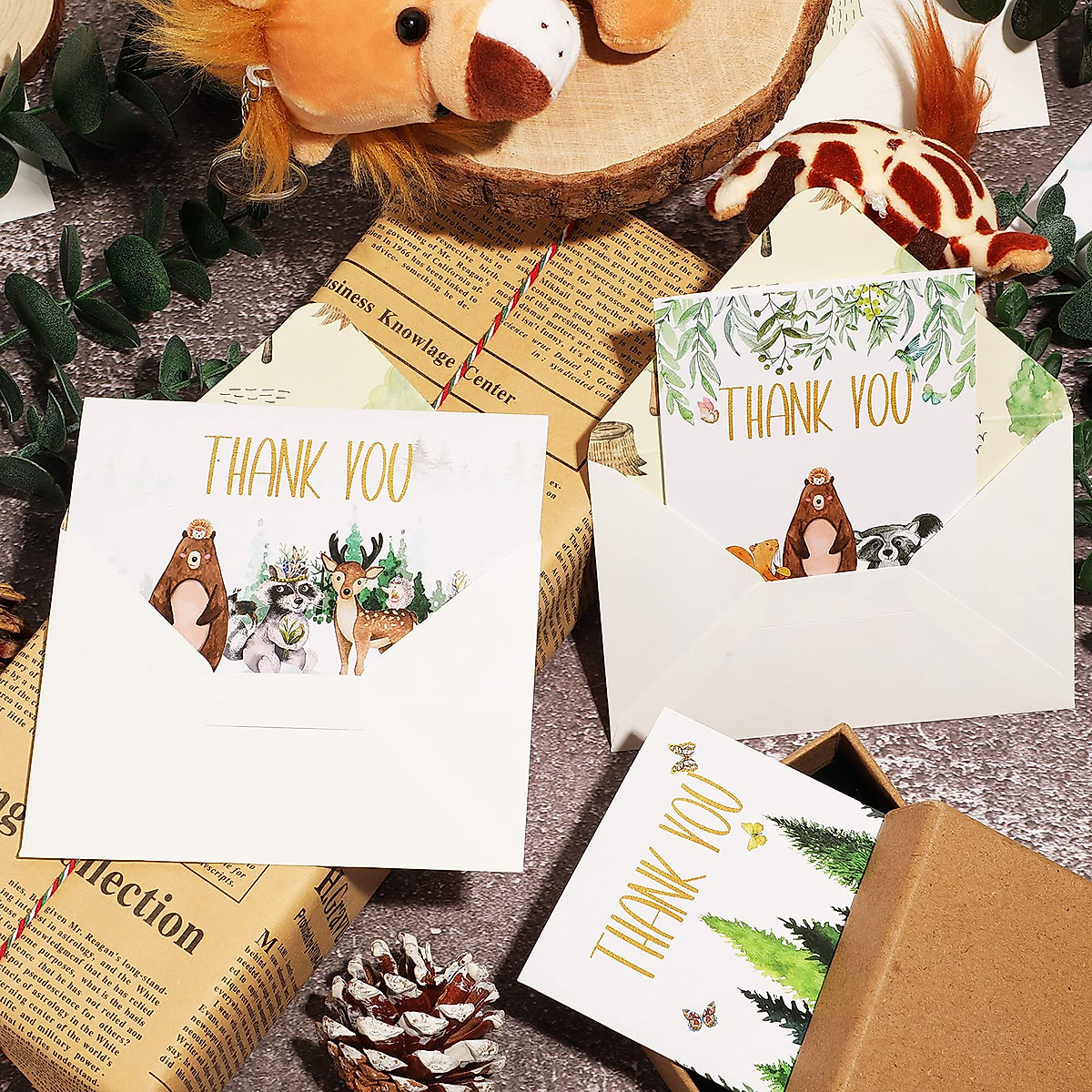 Zonon 72 Pieces Woodland Thank You Cards 36 Forest Envelopes and 36 Bear Forest Greeting Thank You Cards Animal Blank Notes Card for Baby Shower Party