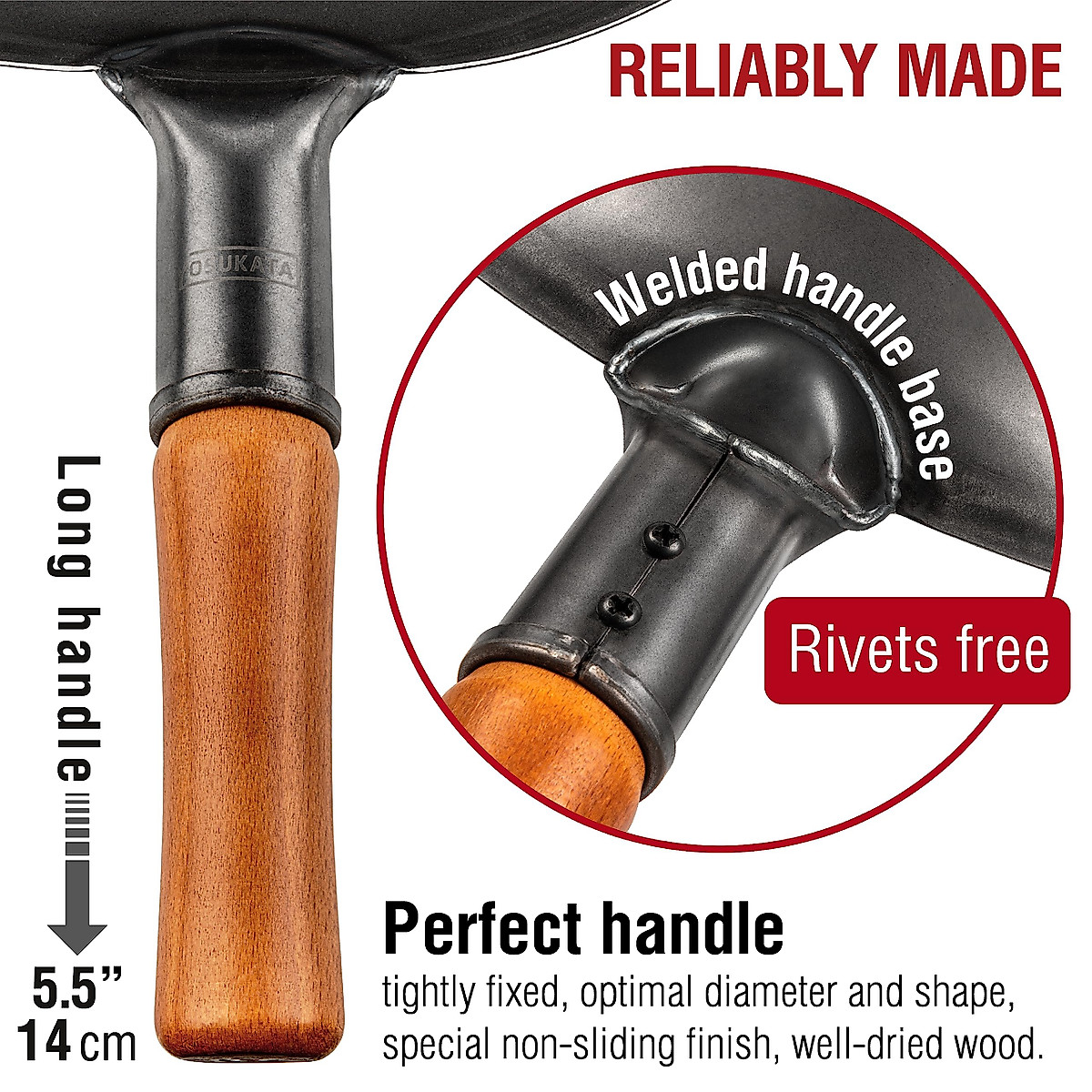 YOSUKATA Carbon Steel Wok Pan - 14 in Woks and Stir Fry Pans - Chinese Wok with Round Bottom Wok - Traditional Chinese Japanese Woks - Black Steel Wok