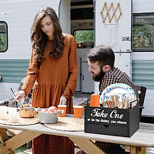 Uipame Paper Plate Holder Countertop, Utensil Caddy with Drawer, Black, 6 Compartments, 1 Drawer, Space Saving, Convenient to Carry, Sturdy, Easy Cleaning, Ideal Gift Idea