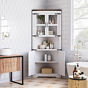 GarveeHome Farmhouse Corner Cabinet, Tall Corner Cabinet with Barn Door & Adjustable Shelves, Corner Storage Cabinet for Living Room, Kitchen, Bathroom, White