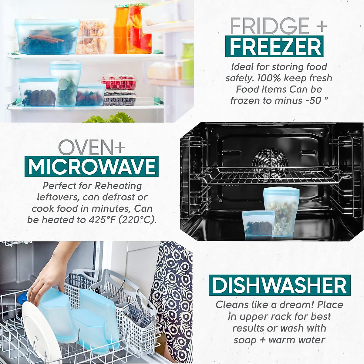 Reusable food container silicone bag, Upgrade second generation 6 Pcs Containers Storage, 100% Silicone Reusable Food Bag, Stand Up Preservation Bag, Rounded interior for easy cleaning.