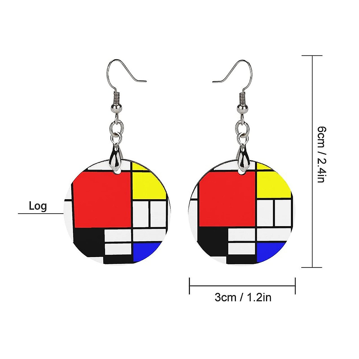 Mondrian Style Round Wooden Earrings Pendant Retro Dangle For Women Girl's