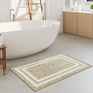 Sungea Bordered Indoor Door Mat 2x3,Non-Slip Machine Washable Entryway Rug,Low-Pile Faux Wool Super Soft Front Door Rug,Foldable Area Rugs for Bathroom Stair(Tan)