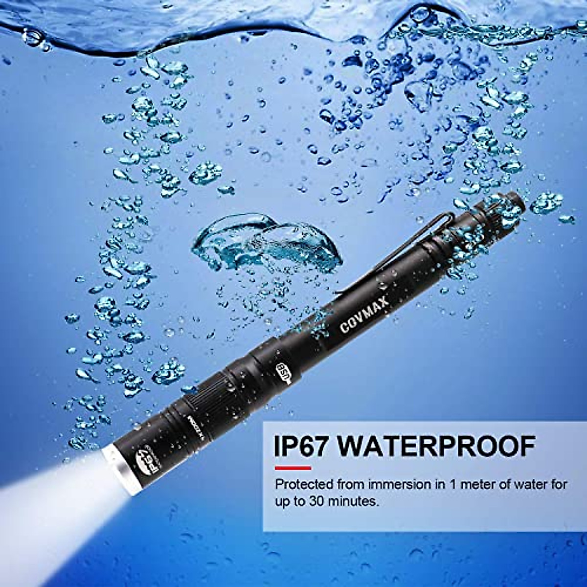 COVMAX Rechargeable Pen Light Flashlight IP67 Waterproof with Pocket Clip 4-Zoomable, Prefect for Inspection,Work,Repair