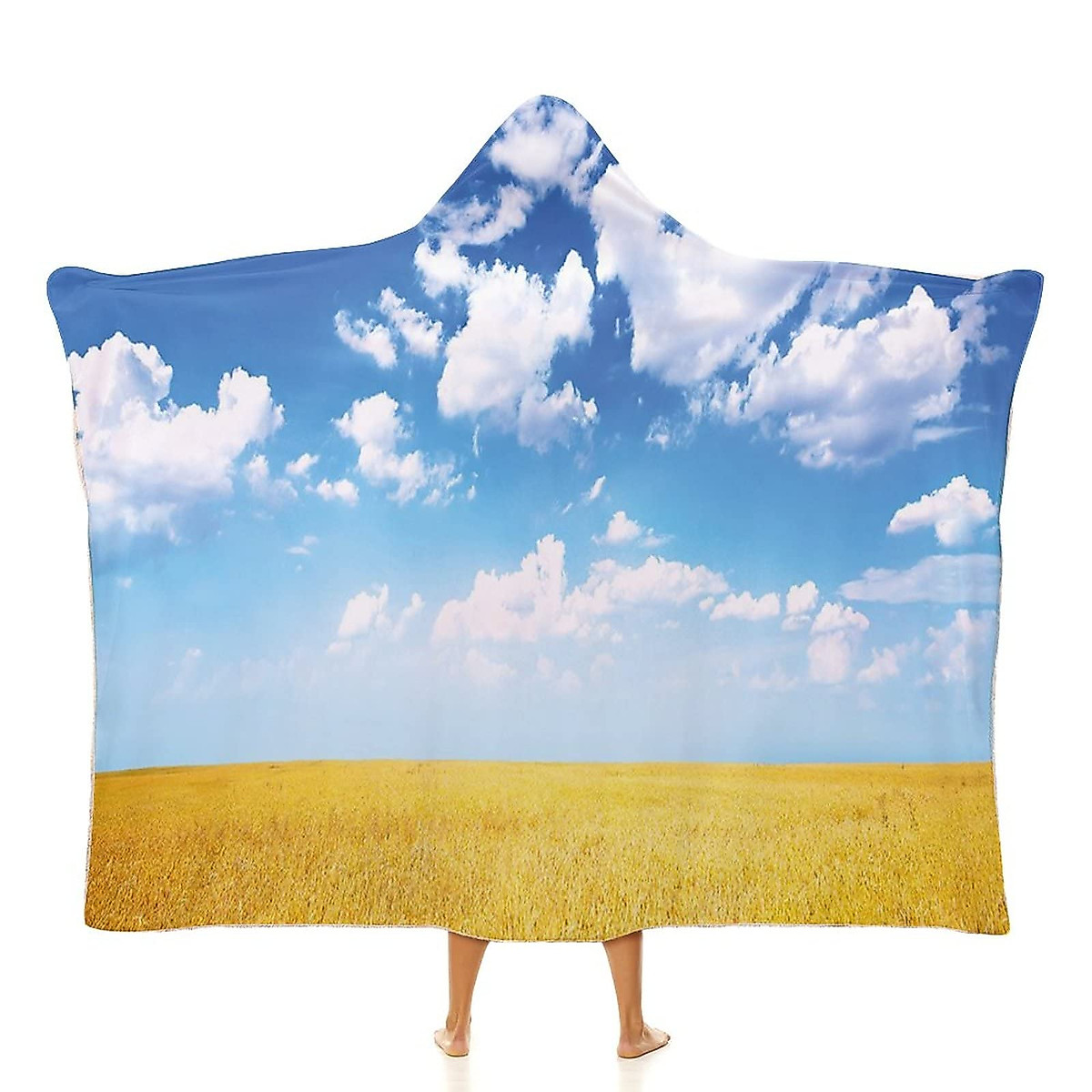 Hooded Blanket Poncho, Yellow and Blue Women Men Hooded Blanket, Wheat Field Vibrant Summer Harvest Sunbeam, Soft Warm Cozy, 40 x 50inches, Studying Reading Snuggling Napping Office