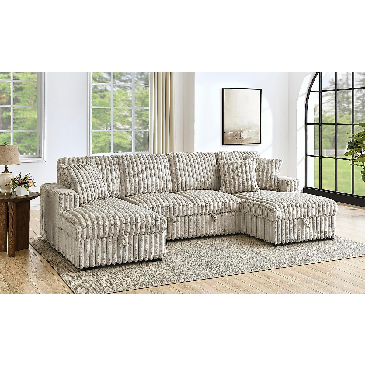 122'' Convertible U-Shaped Faux Rabbit Fur Plush Sectional Sleeper Sofa, Upholstered Cloud Couch Pull-Out Sofa Bed with Storage Chaise and 3 Throw Pillows for Living Room (Khaki, 122'' x 64'')