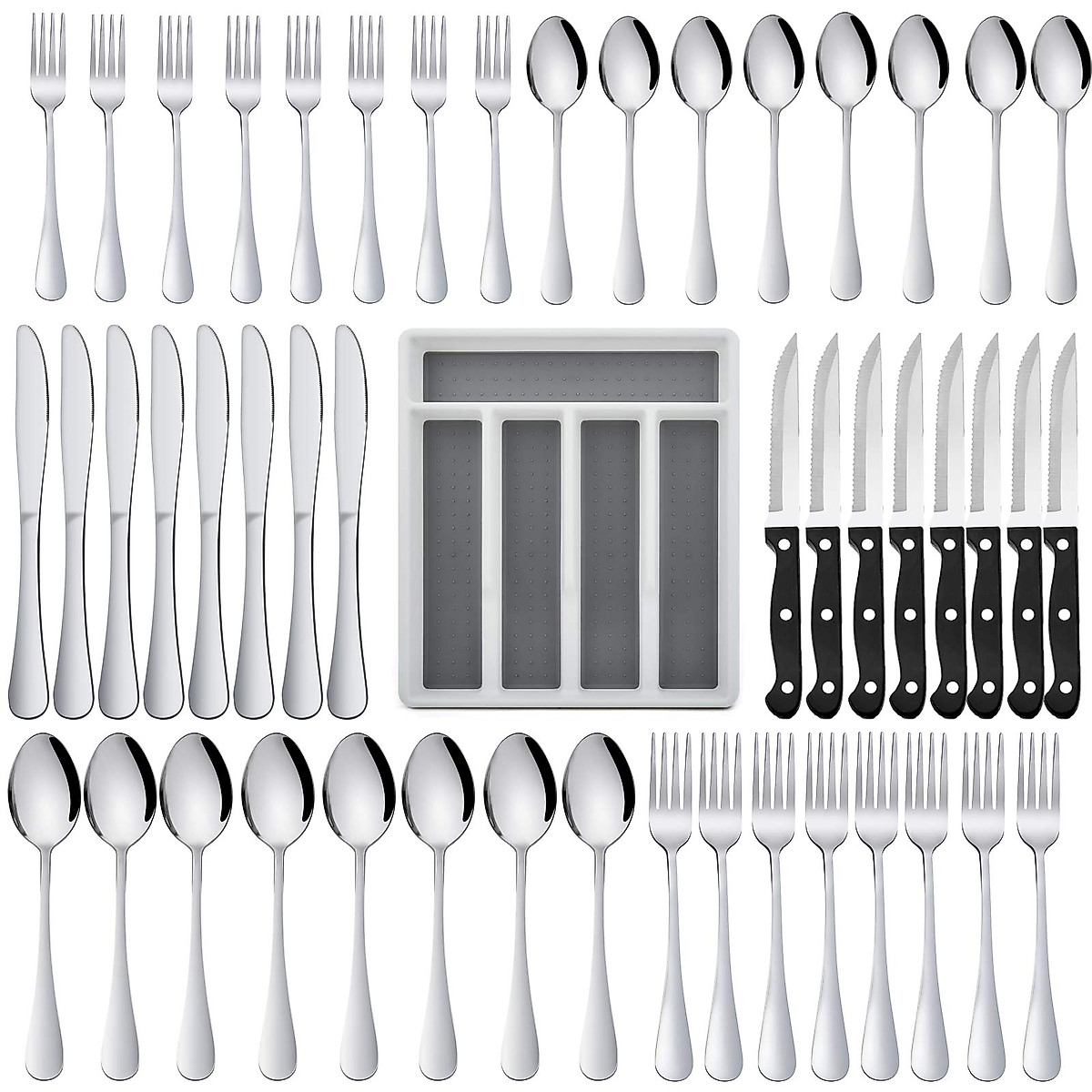 49-Piece Silverware Set with Flatware Drawer Organizer, HaWare Stainless Steel Cutlery Set with 8 Steak Knives, Modern Eating Utensils Tableware Service for 8, Mirror Polished, Dishwasher Safe