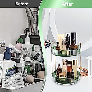 360 Rotating Makeup Organizer for Vanity - Spinning Bathroom Organizer Countertop, Large Storage Cosmetic Display Tray, Make Up Counter Shelf for Perfumes, Skincare Lotions, Lipsticks (2 Tiers, Green)