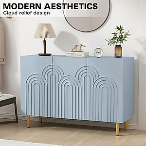 HLR Buffet Cabinet with Storage and 3 Doors, 47" Modern Wood Accent Storage Cabinet with Relief Patterned Doors, Sideboard Cabinet Credenzas for Living Room, Dining Room, Kitchen, Entryway, Blue