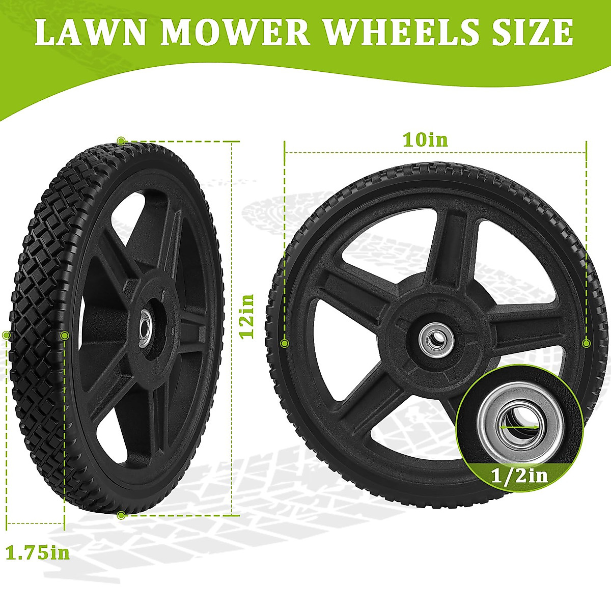Midcos 12'' Lawn Mower Wheels, Push Mower Plastic Wheels, Set of 2 Wheels Kit for Push Mowers Includes Bolts, Nuts fits Craftsman Mower, Generator, Garden Tiller Most Standard Lawn Mowers (12×1.75'')