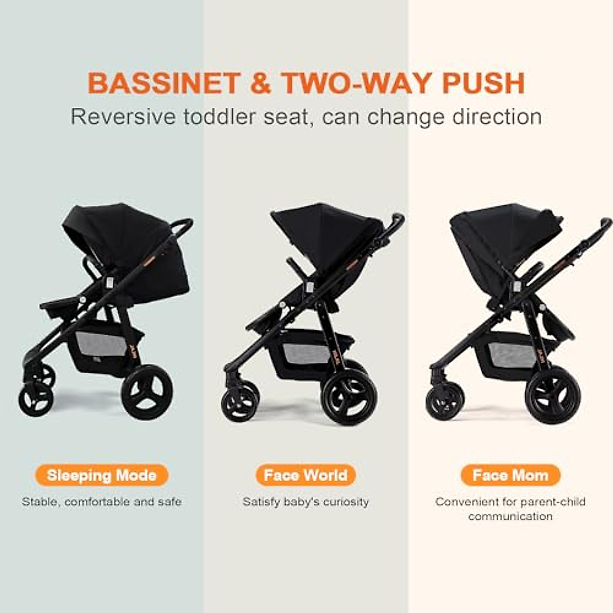 Baby Stroller, 2 in 1 Convertible Stroller with Bassinet Mode, Newborn Pram Stroller, Infant Stroller with Reversible Seat for Toddler, Adjustable Canopy and Footrest, Easy Fold (Black)