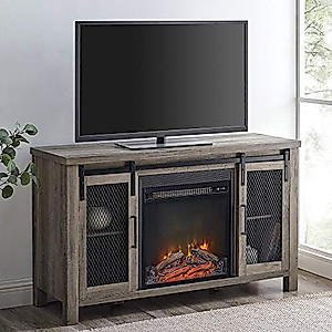 Walker Edison Tall Farmhouse Metal Mesh Barndoor and Wood Universal Fireplace TV Stand or TV's up to 55" Flat Screen Living Room Storage Entertainment Center, 48 Inch, Grey Wash