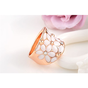 Fashion Month Womens Elegant White Enamel Flower Rose Gold Band Bloom Petal Wedding Engagement Ring Crystal Inlay Size 8