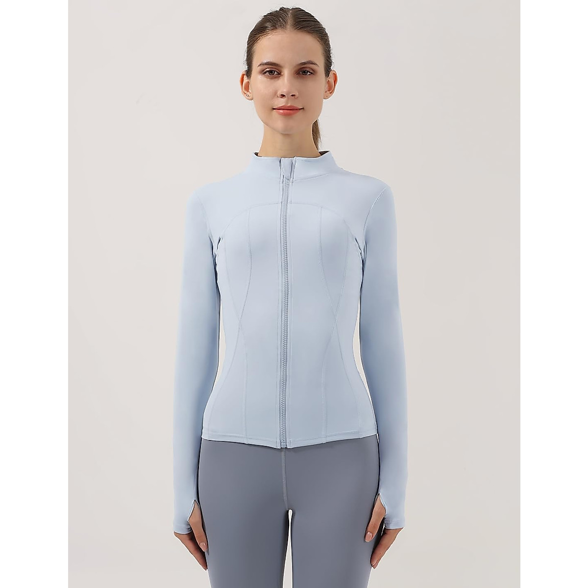 Locachy Women's Slim Fit Full Zip Athletic Running Sports Workout Jacket with Pockets Style 02 Light Blue S