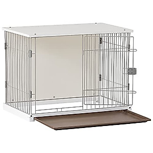 EMKK 34" Wooden Structure White Dog Cage Crate, End Table with Movable Salver, Dog House Cage Indoor Use, with Wide Table Top,Dog Crates for Large Dog Mental Wire Crates Dog Kennels Pet Dog Cage Crate
