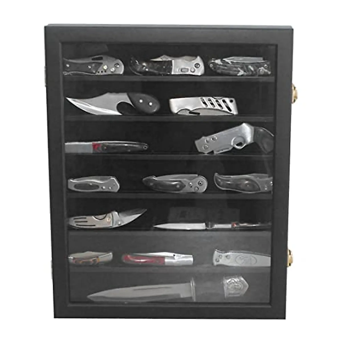 DisplayGifts Knife Display Case Pocket Knife Display Stand Military Folding Knife Shadow Box Wall Cabinet with UV Protection Glass Door Lockable, Great Way to Store and Display, Black Frame