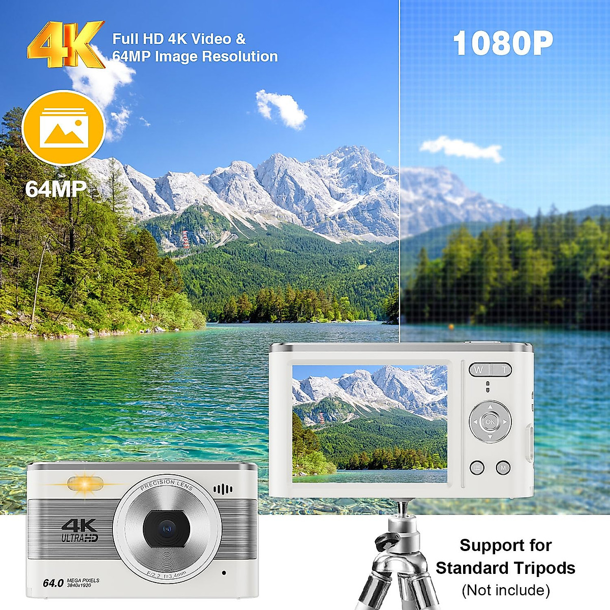 Rawiemy 64MP 4K Kids Digital Camera with 64GB Card, 18X Digital Zoom, Point and Shoot, Portable, White