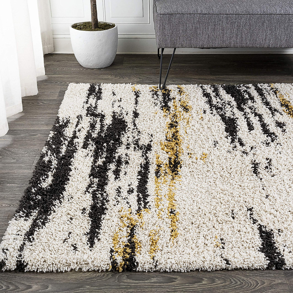 JONATHAN Y SHG102A-8 Nova Modern Bold Strie' Shag Indoor Area-Rug Bohemian Contemporary Abstract Distressed Easy-Cleaning Bedroom Kitchen Living Room Non Shedding, 8 X 10, Beige/Black/Yellow