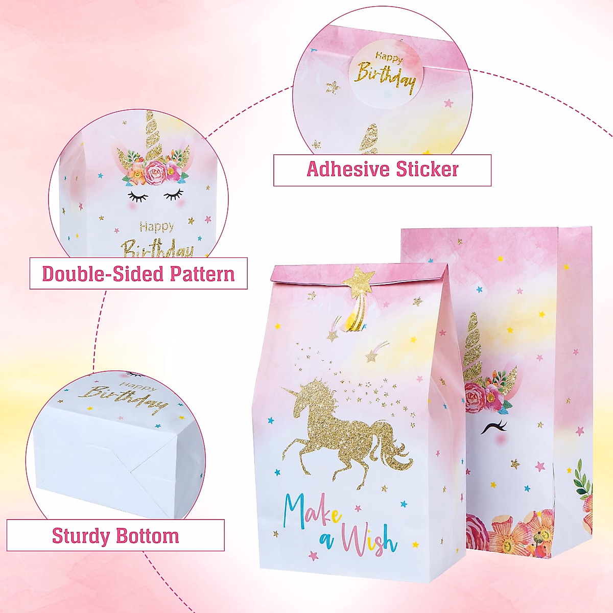 DECORLIFE 24PCS Unicorn Party Favor Bags, Unicorn Goodie Bags for Girls' Birthday Party, Perfect for Girls, Kids, Boys, Stickers Included, 4 Styles
