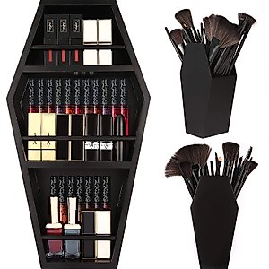 nanayo Makeup Coffin Shelf And Brush Holder – 3 Shelf Makeup Holder for Gothic Decor – Free Standing or Wall Hanging Organizer Spooky Coffin Decor for Bedroom or Bathroom