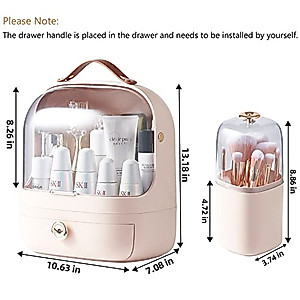 MIUOPUR Large Makeup Organizer with Brush Holder, Cosmetic Display Case with Drawer, Waterproof and Dustproof Transparent Cover, Portable Handle, Suitable for Bathroom and Bedroom -Pink