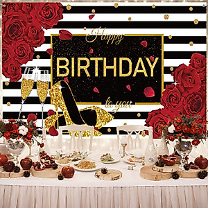 Women Birthday Decorations Happy Birthday Backdrop Photography Background Red Rose Birthday Party Decor Gold High Heels Champagne Glass Banner for 30th 40th 50th 60th Party Supplies, 6 x 3.6 ft