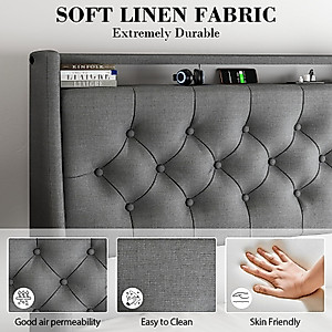 Doltoro Full Size Bed Frame with 4 Storage Drawers and Upholstered Headboard, Button Tufted Platform Bed with LED Lights and Charging Station, No Box Spring Needed, Easy Assembly, Gray