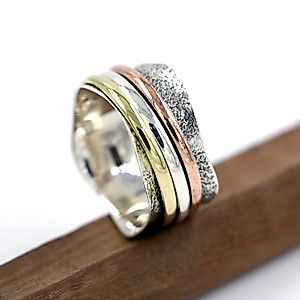 925 Sterling Silver Rings For Women Three Tone Spinner Ring Silver Spinner Rings 925 Silver Ring Spinner Meditation Ring Thumb Ring Anxiety Ring Worry Ring Fidget Ring Silver Wedding Band Ring Anniversary Ring Gift For Birthday (8)