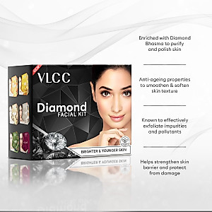 VLCC Party Diamond Facial Kit - Single Use | Salon Like Facial at Home in Just 6-Steps | Includes Cleanser, Scrub, Cream, Face Pack & Moisturizing Gels | 2.12 Oz/60g