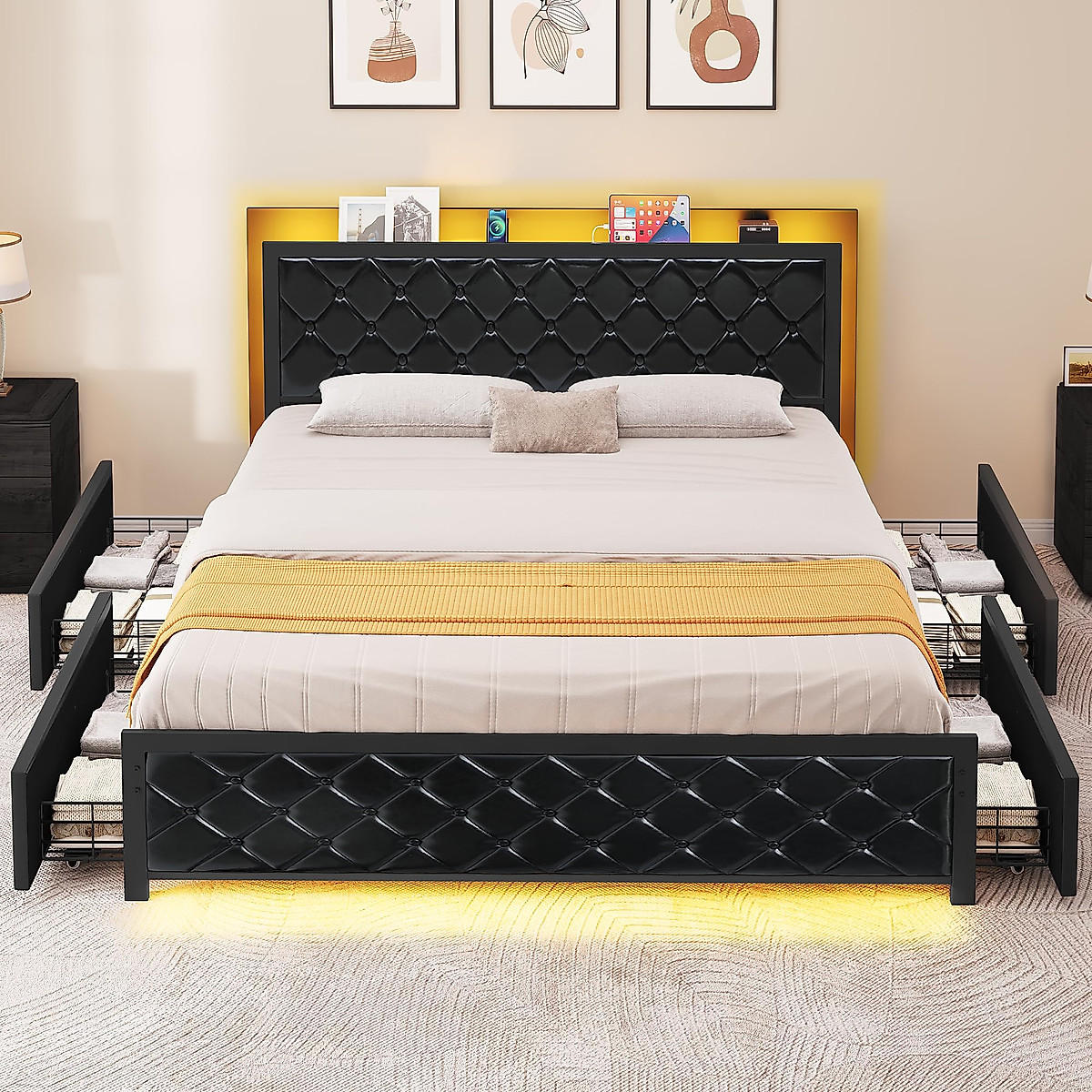 YITAHOME Queen Bed Frame with Headboard & 4 Storage Drawers, Modern Upholstered Faux Leather Platform Bed with RGB LED Lights & USB-C Charging Ports, No Box Spring Needed, Black
