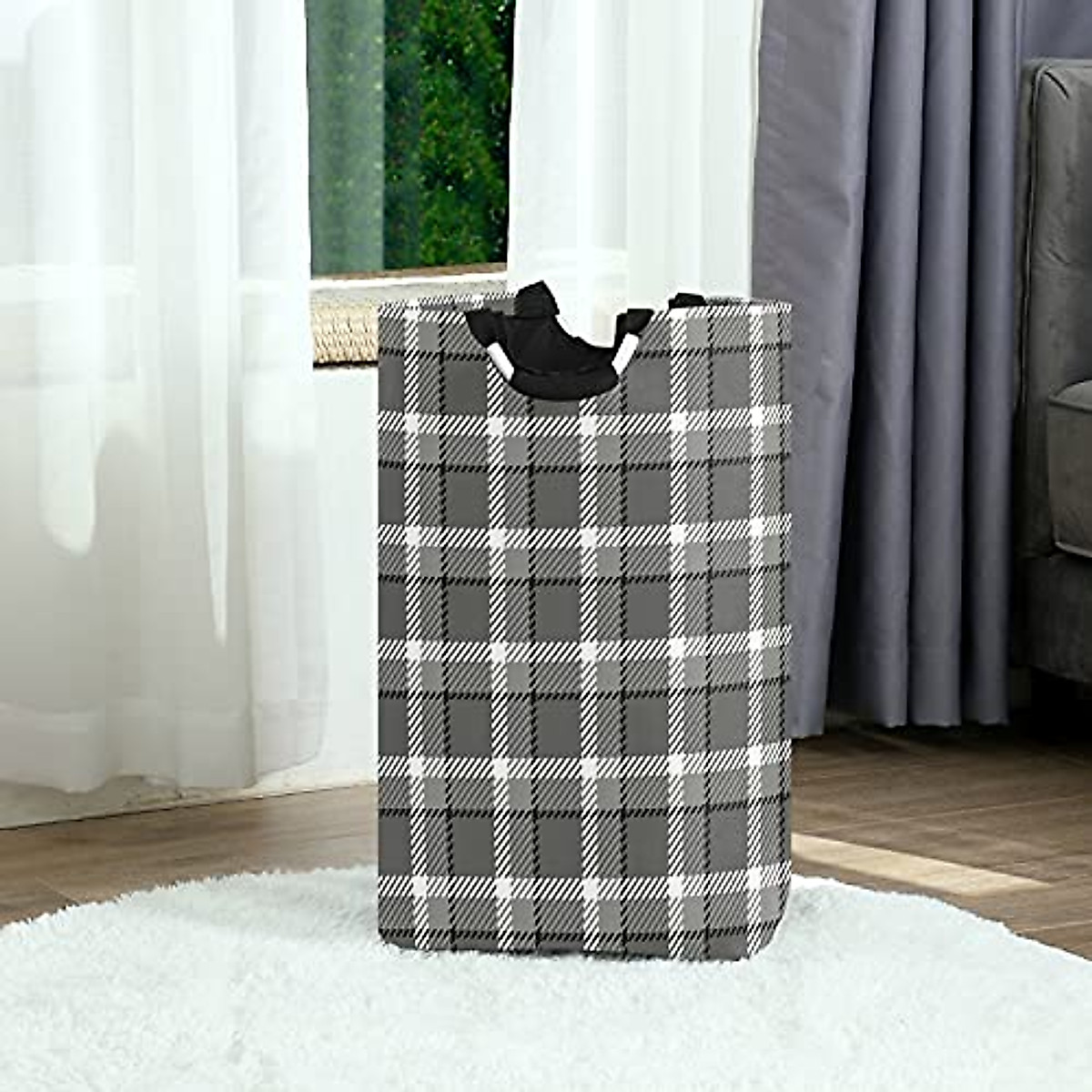 Grey White Buffalo Grid Plaid Laundry Hamper with Handle Large Waterproof Collapsible Storage Basket Tote Bag for Bathroom Washing Bin Dirty Clothes Travel