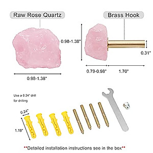 Cozy Tower 4 Pcs Rose Quartz Wall Hooks Decorative, Hat Bag Hooks for Wall Gold Brass Hooks for Hanging Purse Crystal Curtain Tieback Hooks for Wall, Pink