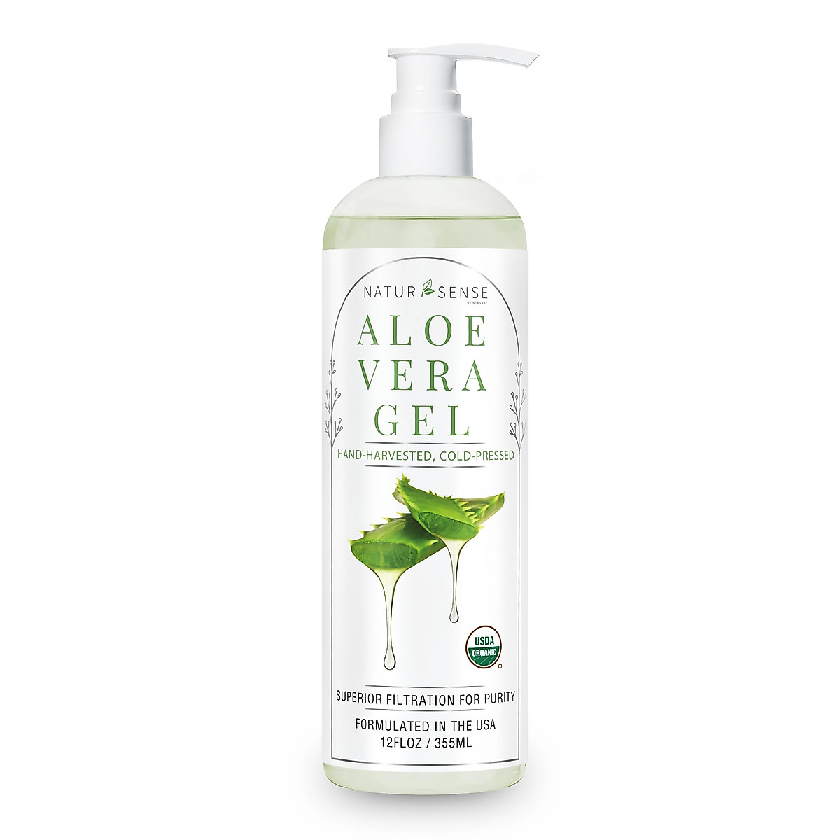 NTRSNS NaturSense Organic Aloe Vera Gel from 100% Pure Aloe. Great for Hair, Scalp, Face, Dry Skin, Acne, Winter Skin, Sunburn, Sensitive Skin. Unscented, USDA Certified, 12 oz.