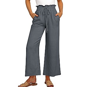 MAVIS LAVEN Women's Linen Pants High Waisted Wide Leg Drawstring Casual Loose Trousers with Pockets,Dark Gray,Medium
