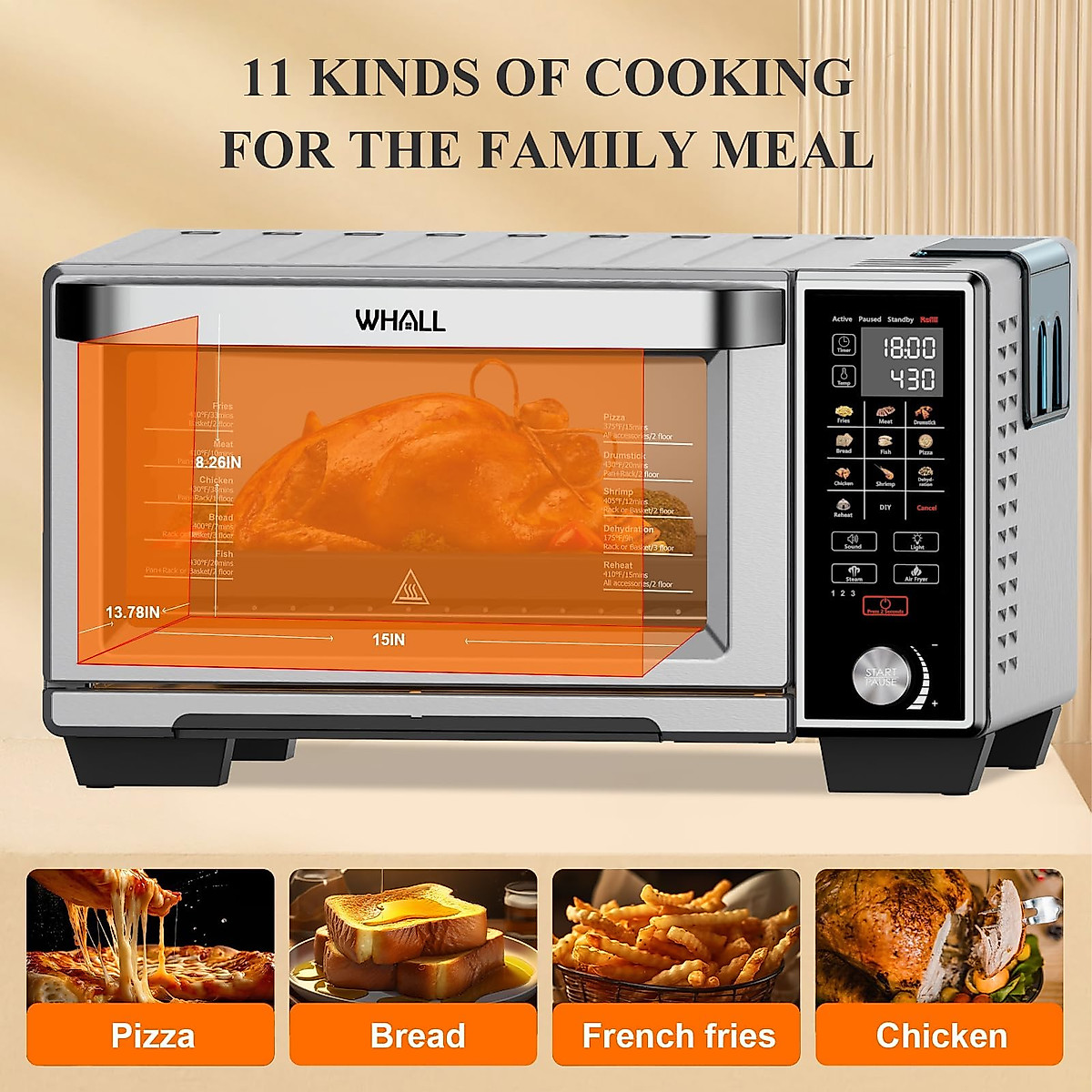 WHALL Toaster Oven Air Fryer, Max XL Large 30-Quart Smart Oven,11 function Toaster Oven Countertop with Steam Function,12-inch Pizza/1700W