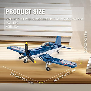 DAHONPA F4U Fighting Military Army Airplane Building Bricks Set with 1 Figure, 550 Pieces Air-Force Build Blocks Toy, Gift for Kid and Adult.