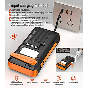 OOPOWEROO Solar Power Bank 20000mAh Built in Hand Crank and 4 Cables 22.5W Fast Charge Power Bank 5 Outputs & 5 Inputs Solar Portable Charger, SOS/Strobe/Strong Flashlights, Carabiner (Orange)