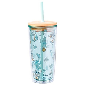 Silver Buffalo Disney Lilo and Stitch Featuring Stitch in Hawaiian Shirt, Lei, and Coconut Drink and Tropical Vibes Pattern Spill Resistant Plastic Tumbler and Straw, 20 Ounces